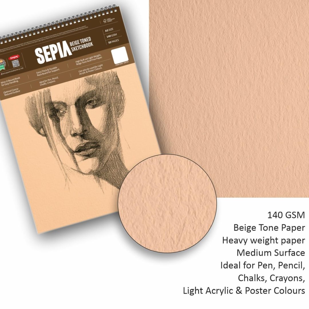 Anupam Cartridge Drawing Paper Sepia Beige Toned A3 140 GSM, WireO ...